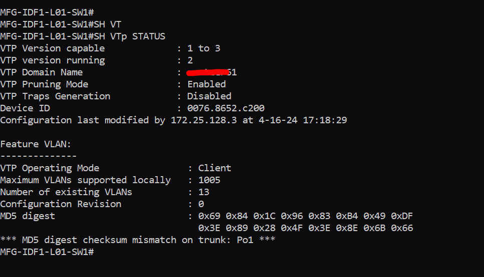 Solved Issue With VTP MD5 Digest Checksum Mismatch On Trunk Po1