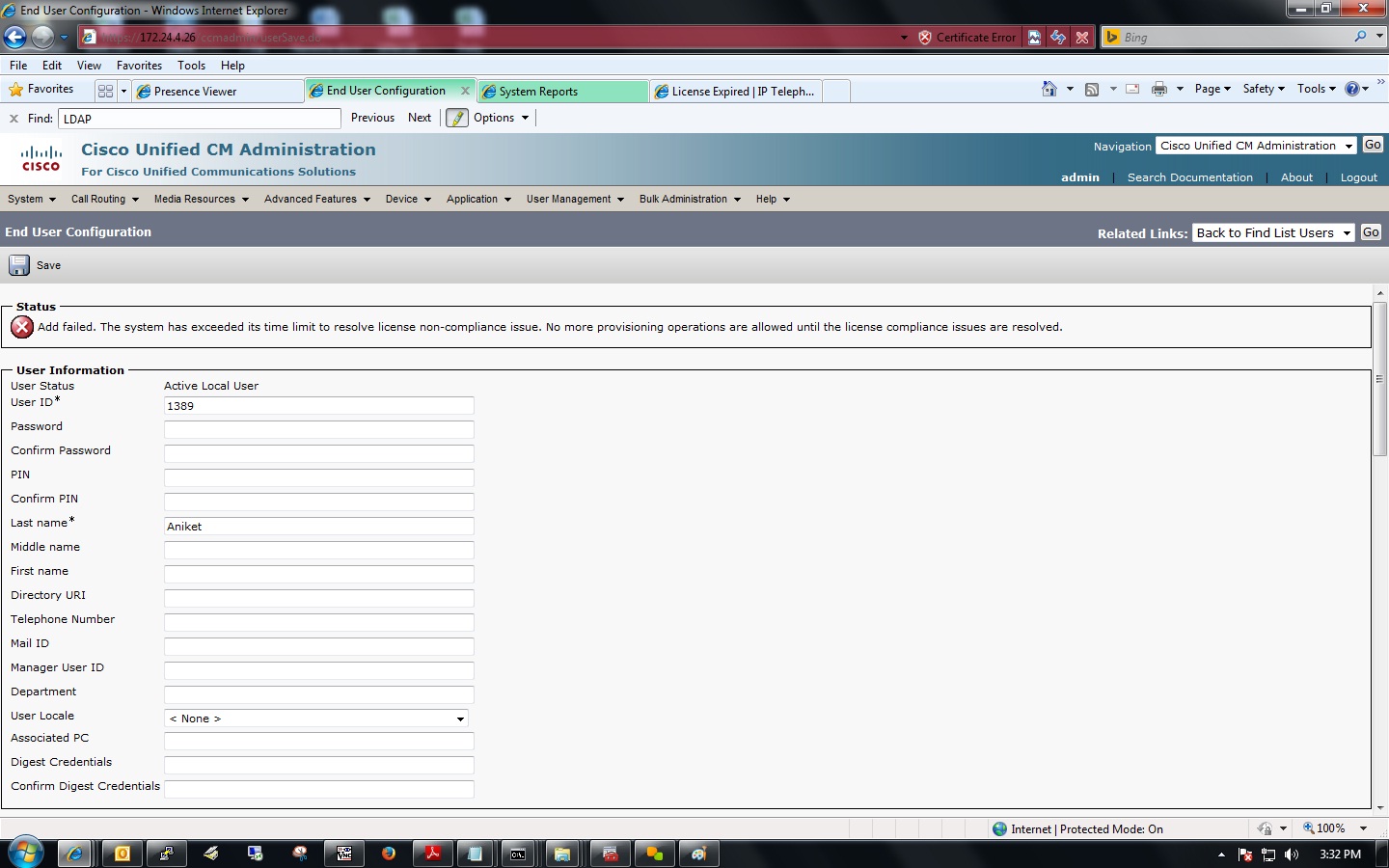 Solved Unable To Add End User Under User Management In Cucm Admin Page Cisco Community