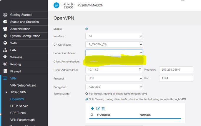 RV260 Router open vpn setup server certificate option is blank - Cisco ...
