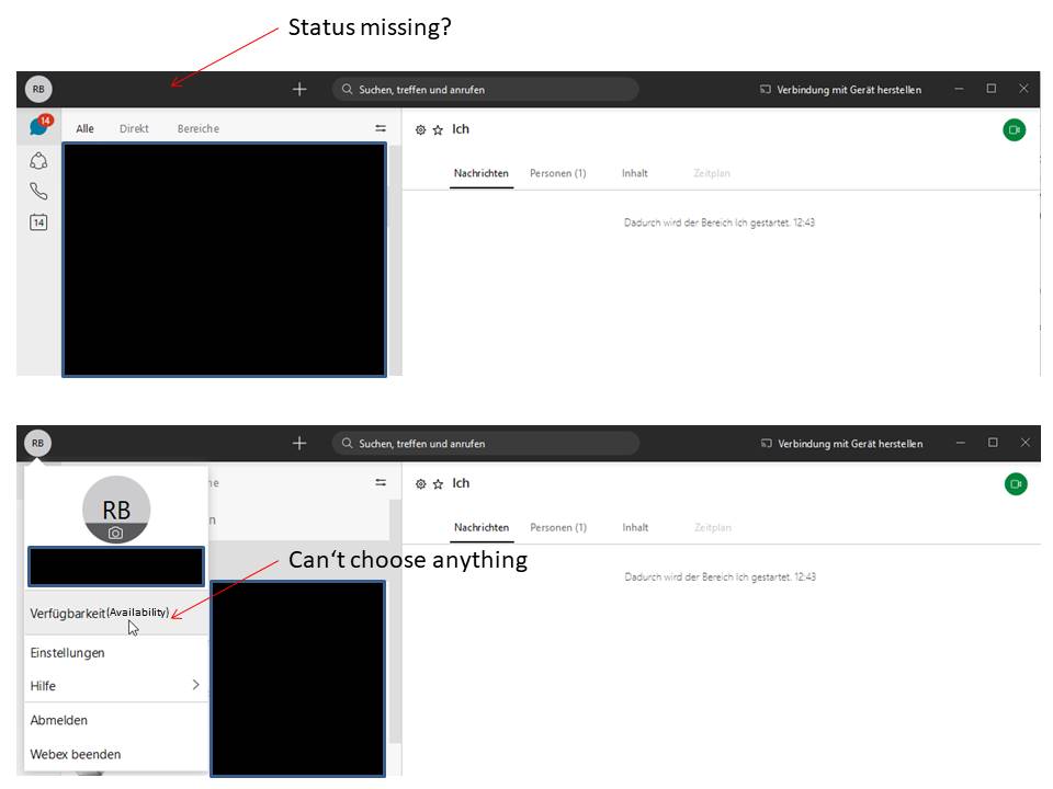 Webex (Teams) user interface not complete, Availability missing - Cisco ...