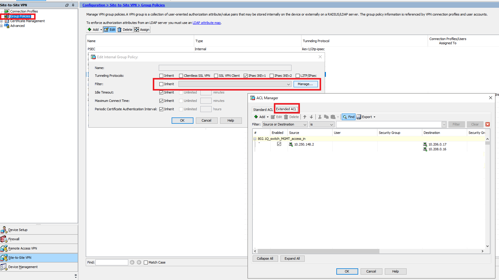 Solved: site-to-site inbound access list for the remote site - Cisco ...