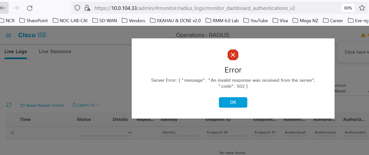 Cisco ISE- Invalid response was received from the Serve - Code 502 ...