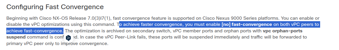 Solved: Fast convergence vpc. - Cisco Community