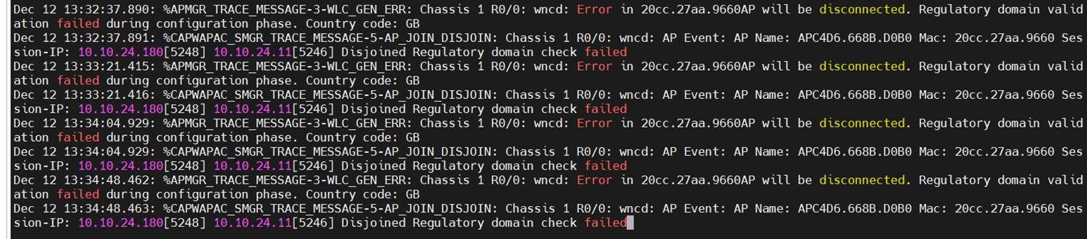 Unable to change AP Country code - Regulatory domain check failed ...