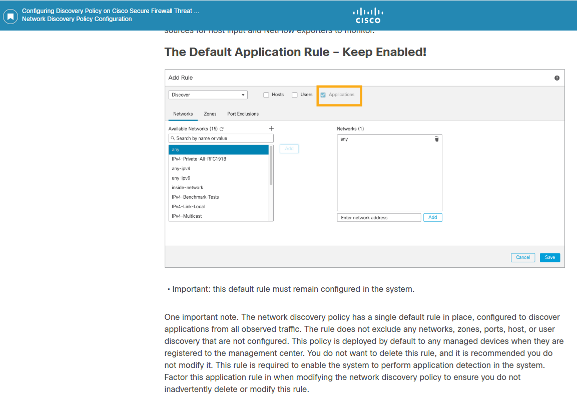Cisco Secure Firewall - Default Network Discovery Policy for Apps ...