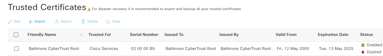 Cisco ISE: Expiração do Certificado Baltimore CyberTrust Root