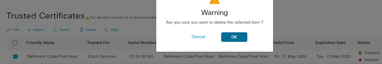 Cisco ISE: Expiração do Certificado Baltimore CyberTrust Root