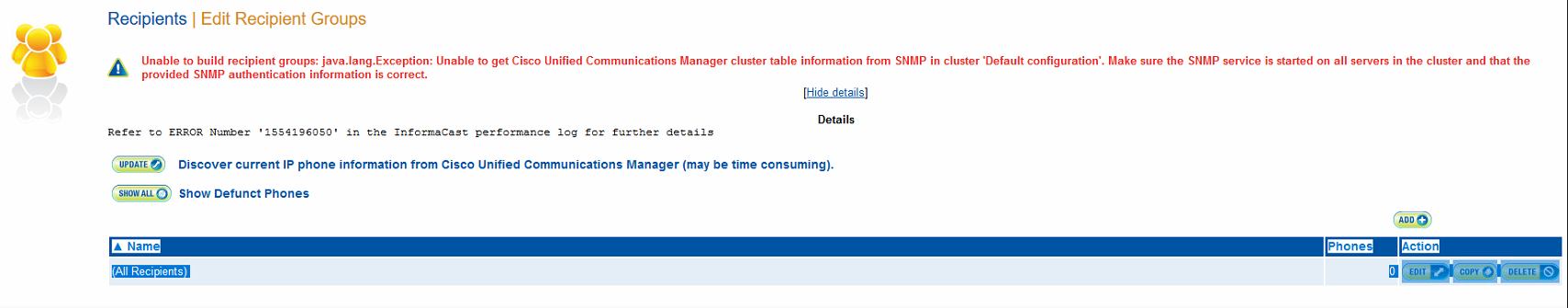 Informacast SIngleWire 11.0.5 with CUCM 11.0 error recipient group - Cisco Community