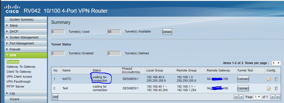 Not able to Connect Gateway to Gateway Site VPN in RV042 and RV042G ...